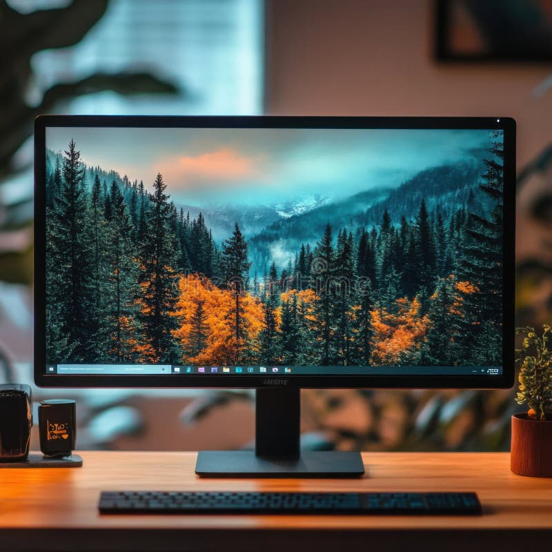 Computer Monitor on the Desktop in a Room with a Mountain View Stock ...