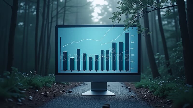Computer Monitor Displaying Chart Data in Forest Environment Stock ...