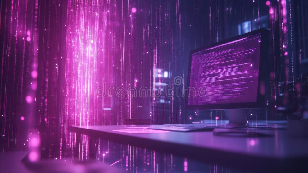 A Computer Monitor Displaying Code Against a Background of Falling Pink ...
