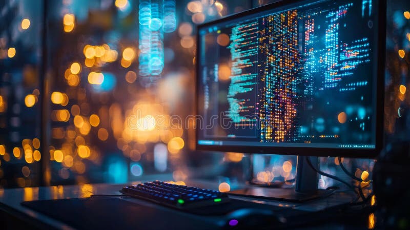 Computer Monitor Displaying Code in a Bokeh-lit Environment Stock Photo - Image of focus ...