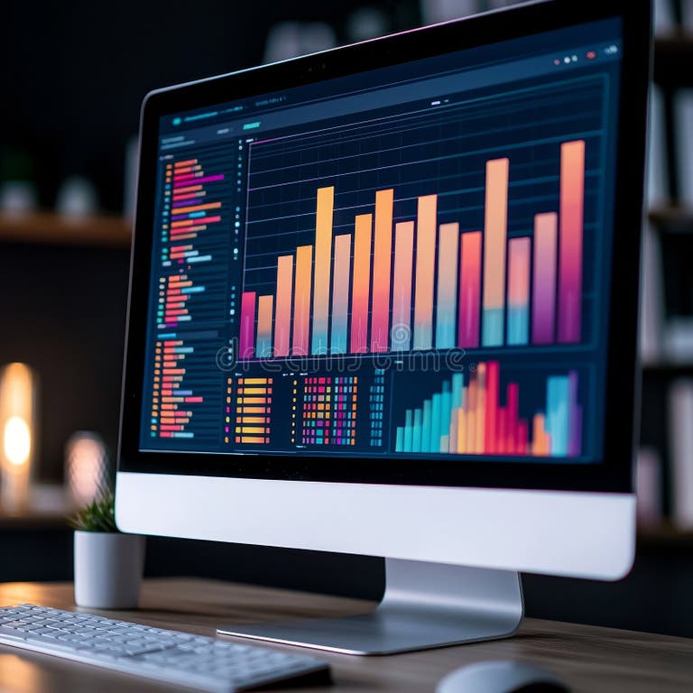 Computer Monitor Displaying Colorful Data Analytics And Charts In A