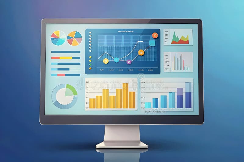 Computer Monitor Displaying Colorful Data Analytics Dashboard Stock