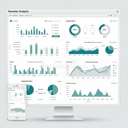 Computer Monitor Displaying a Complex Analytics Dashboard with Various Graphs and Stock ...