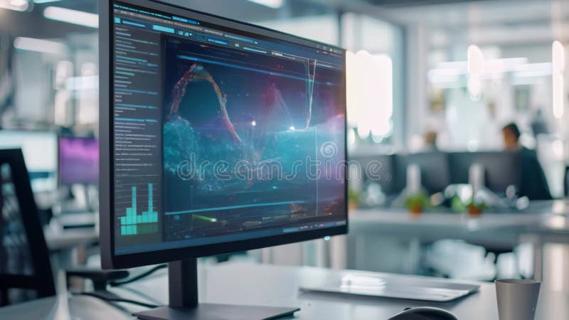A Computer Monitor Displaying A 3d Visualization Resting On Top Of A Desk A Computer Screen