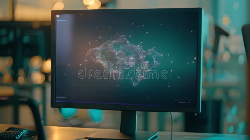 A Computer Monitor Displaying A 3d Visualization On Top Of A Desk In An Office Setting A