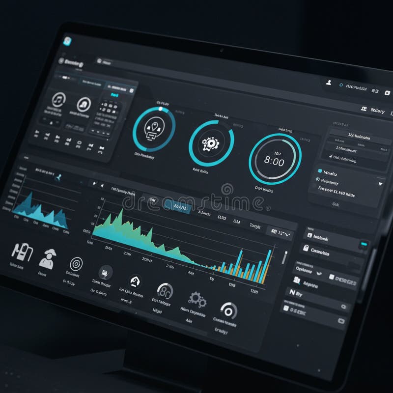 A Computer Monitor Displaying a Dark-themed User Interface Dashboard. the Screen Stock ...