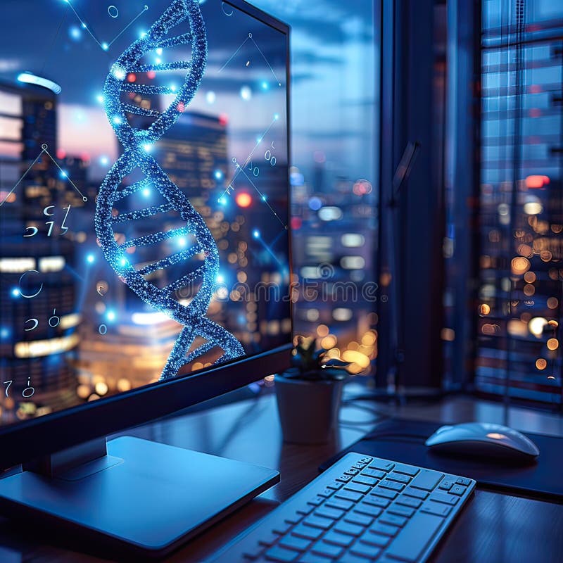 A Computer Monitor Displaying a DNA Structure on Its Screen Stock Photo ...