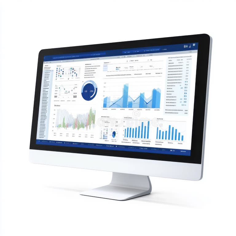 Computer Monitor Displaying Financial Data Analytics with Graphs and Charts Stock Illustration ...