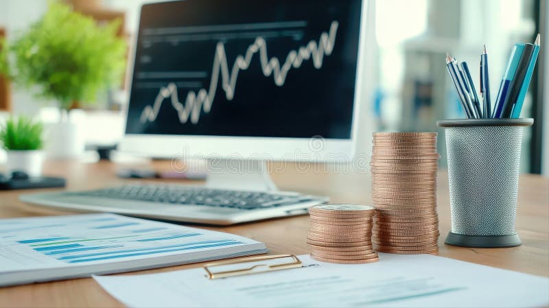 Computer Monitor Displaying Financial Data with Stack of Coins ...
