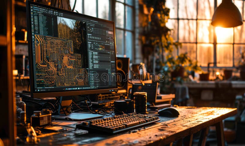 Computer Monitor Displaying Intricate Circuit Board Design for ...