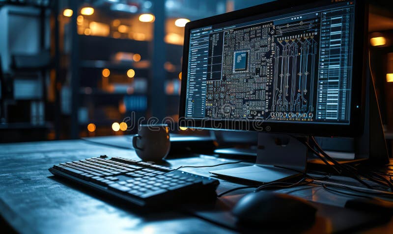 Computer Monitor Displaying Intricate Circuit Board Design for ...