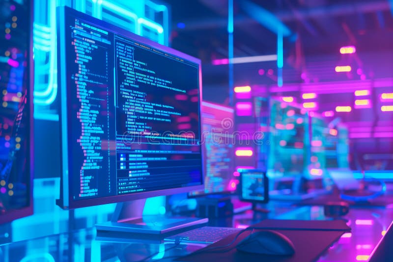Software Developer Writing Code on Computer in Neon Lit Office Stock ...