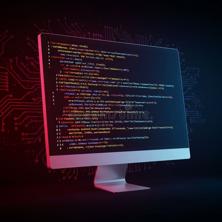 Computer Monitor Displaying Lines Of Colorful Programming Code Possibly In Python Stock