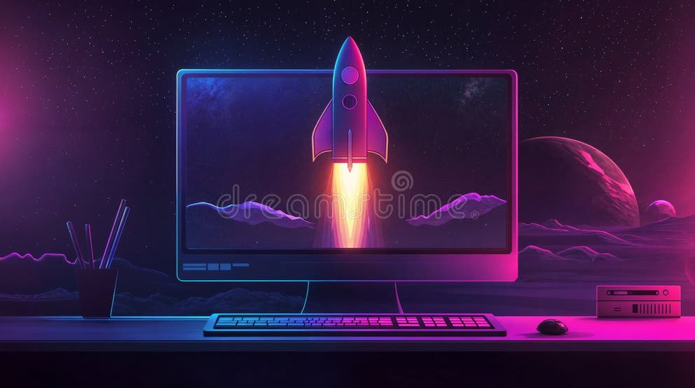 Computer Monitor Displaying a Rocket Launching into Space Stock ...