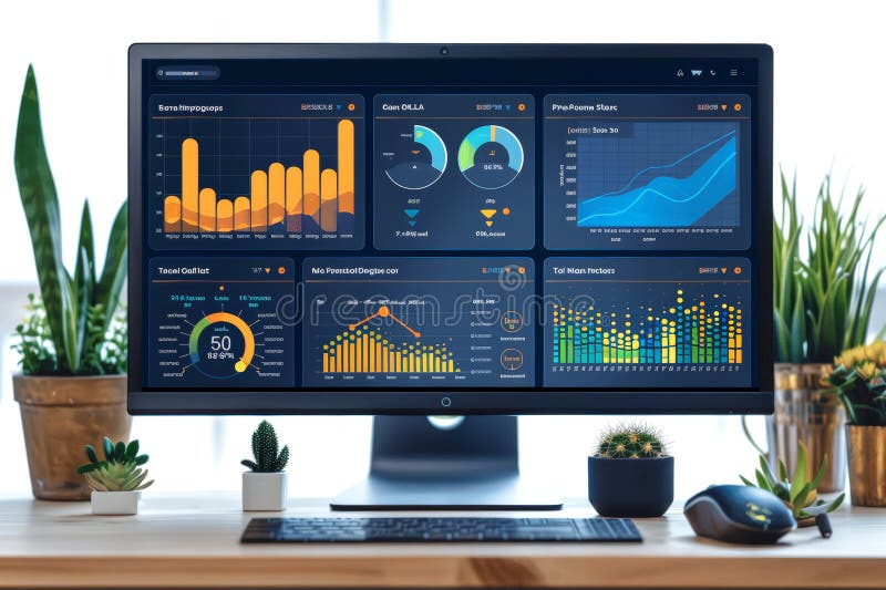Computer Monitor Displaying Various Data Analytics and Charts on a Desk ... Computer Monitor Displaying Various Data Analytics and Charts on a Desk ...