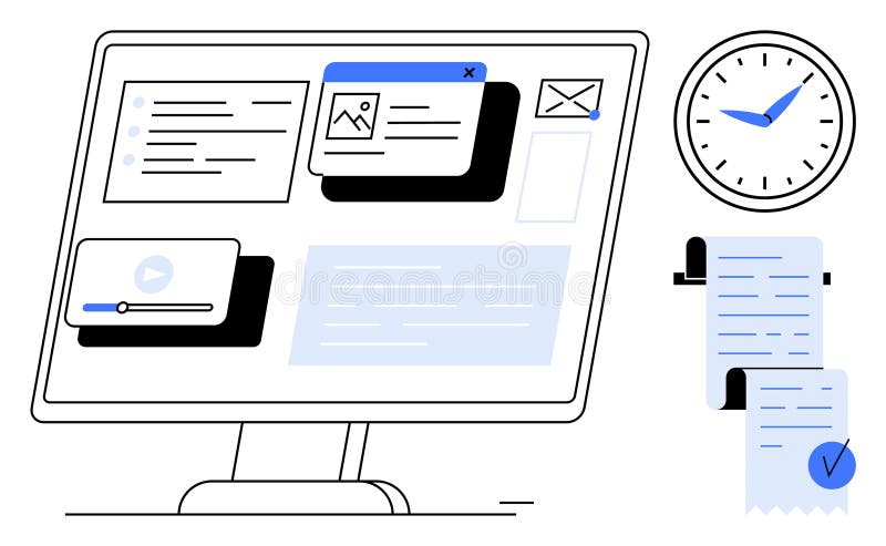 Digital Workspace with Computer Monitor, Clock, and Documents Stock ...