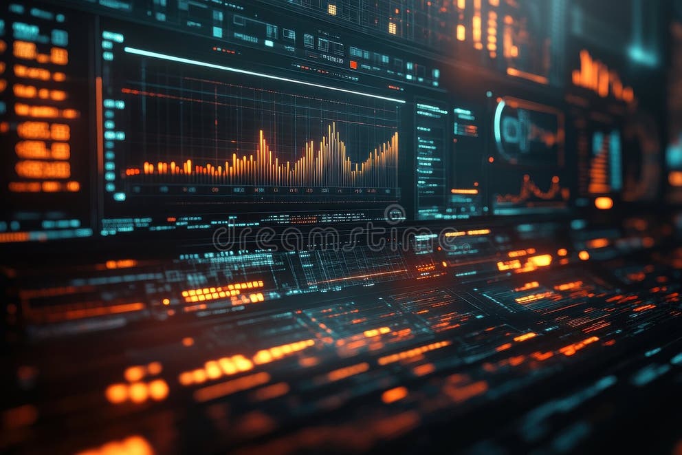 A Computer Monitor Displays a Colorful Array of Numbers and Graphs Stock Illustration ...
