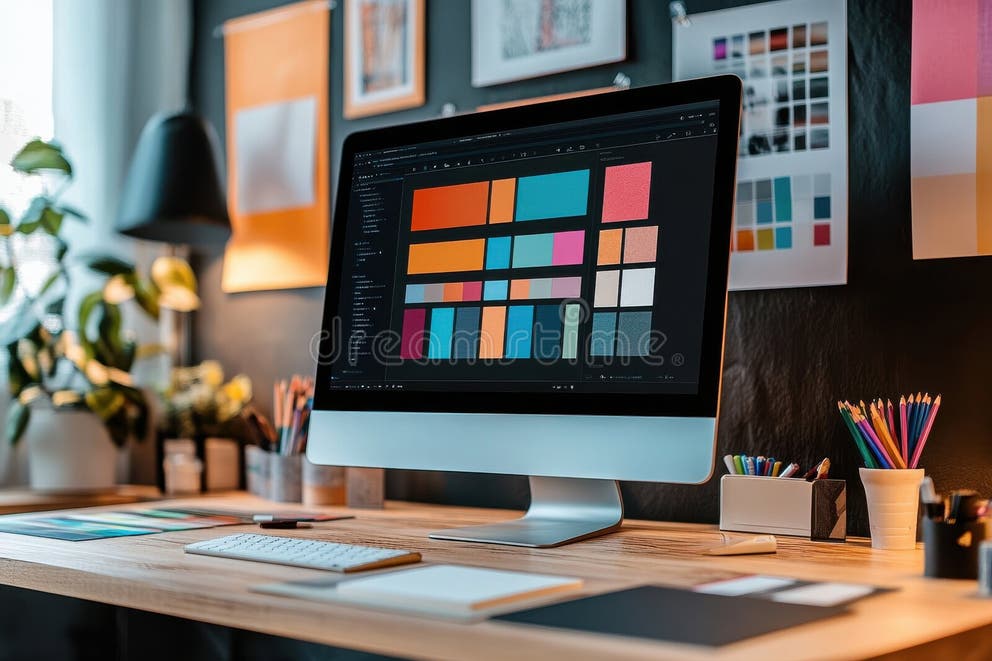 A Computer Monitor Displays a Colorful Array of Patterns and Designs Stock Illustration ...