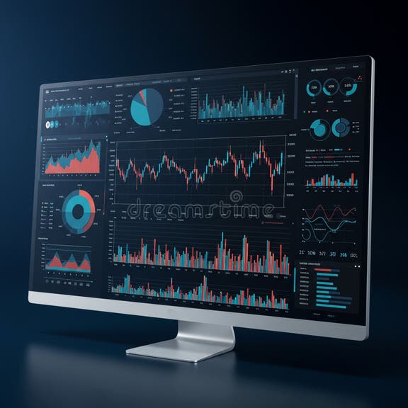 A Computer Monitor Displays a Complex Data Analytics Dashboard. it Features Multiple Stock ...