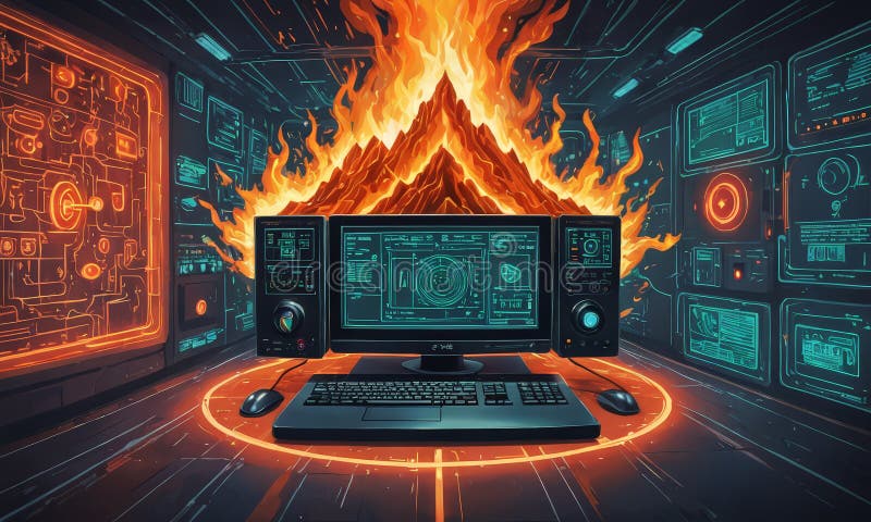 Computer Monitor Displays Complex Interface, Surrounded by Fiery ...