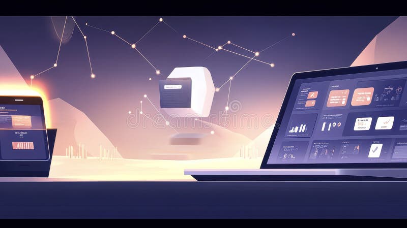 A Computer Monitor Displays a Computer Screen with a Cube Flying ...