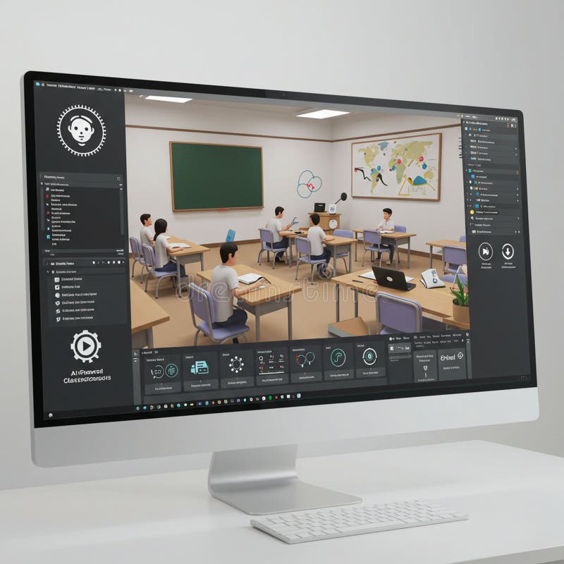 A Computer Monitor Displays a 3D-rendered Scene of a Classroom. the ...