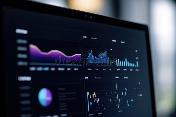 Computer Monitor Displays Dark Mode Dashboard with Various Graphs ...