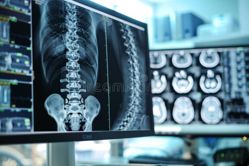 Computer Monitor Displays Detailed Xray Image of Persons Spinal Column ...