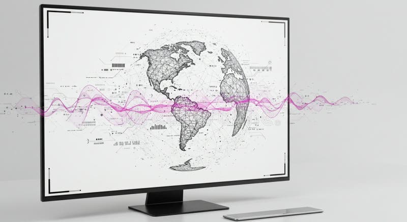A Computer Monitor Displays a Digital World Map with a Network-like ...
