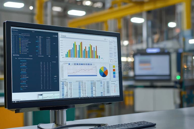 A Computer Monitor Displays a Graph with a Pie Chart and a Bar Graph ...