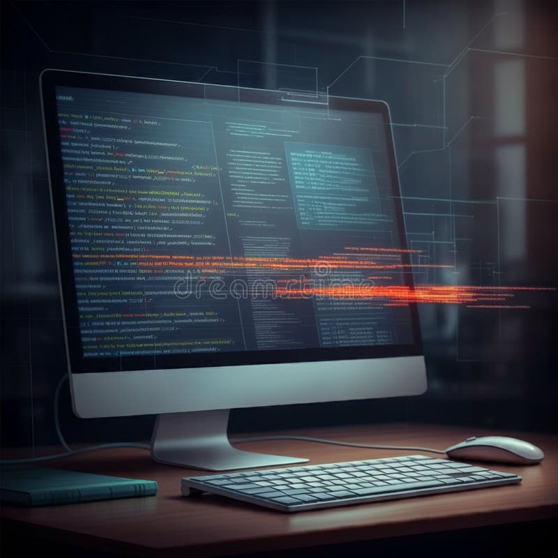 A Computer Monitor Displays Lines of Code in a Dimly Lit Environment. the Screen Stock ...