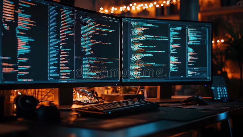 Computer Monitor Displays a Lot of Code on the Screen. the Computer is Set Up for a Programmer ...