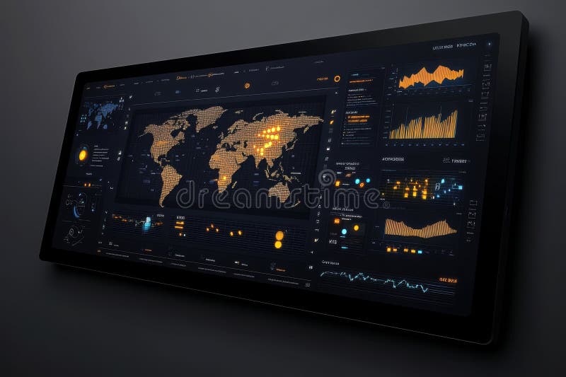 A Computer Monitor Displays a Map of the World with Various Data Points Stock Illustration ...