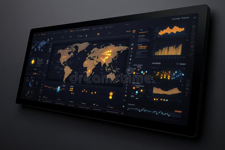 A Computer Monitor Displays a Map of the World with Various Data Points Stock Illustration ...