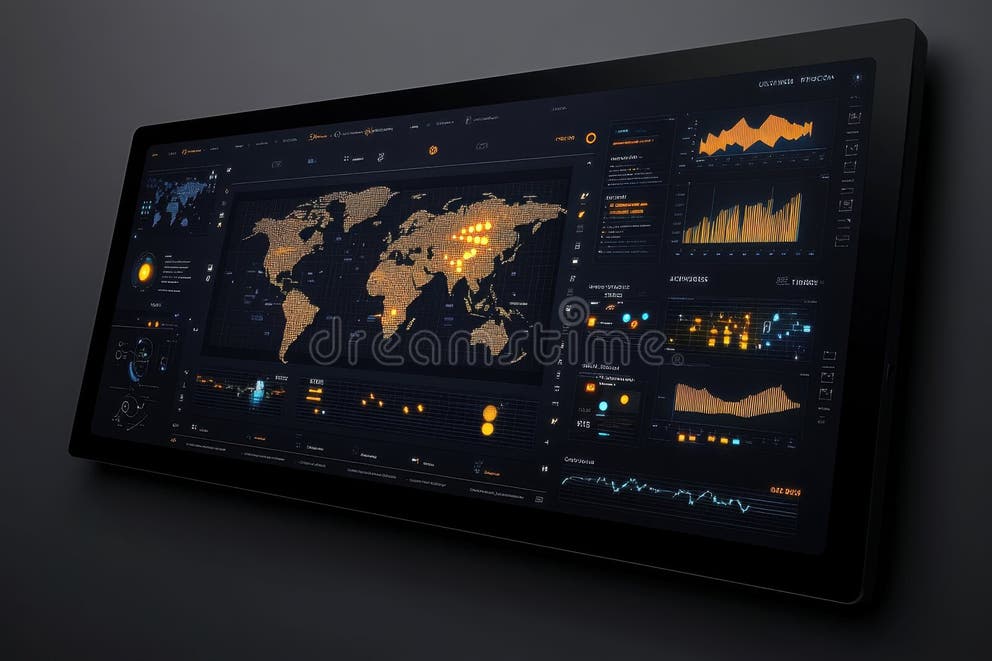 A Computer Monitor Displays a Map of the World with Various Data Points Stock Illustration ...