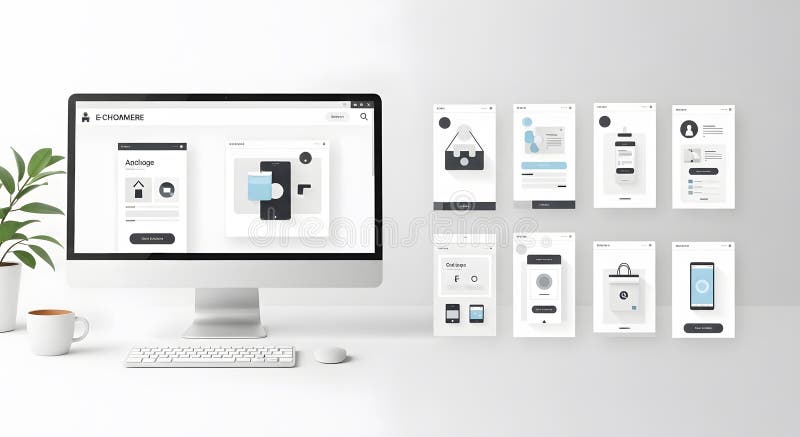 Computer Screen Displaying Mockups of E-Commerce App Interface and ...
