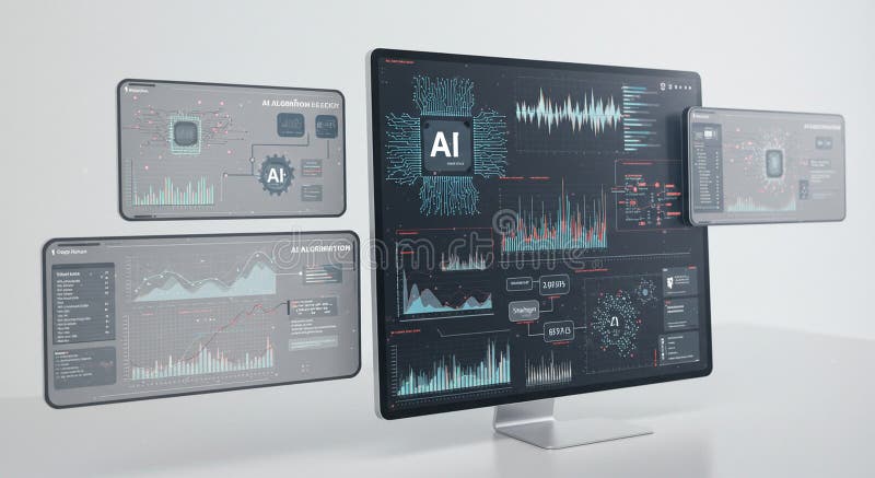 A Computer Monitor Displays Multiple Digital Interfaces Themed Around Artificial Stock ...
