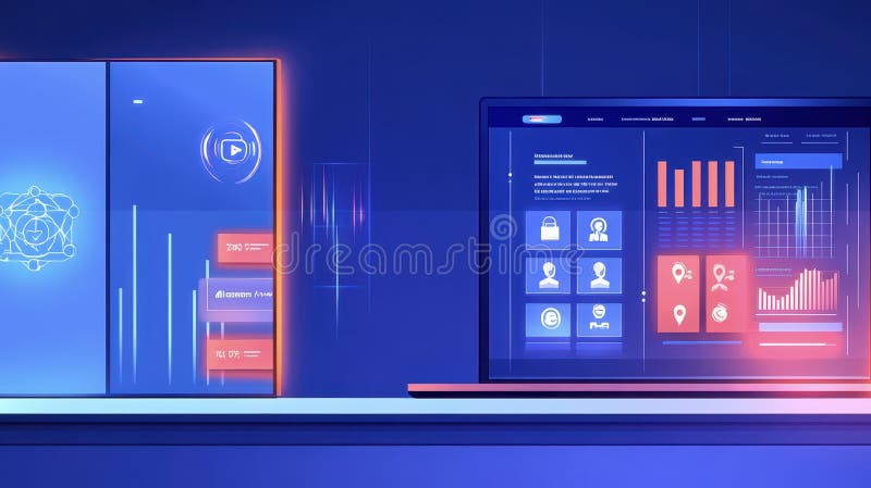 A Computer Monitor Displays a Number of Graphs and Icons Stock Illustration - Illustration of ...