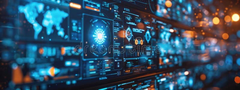 A Computer Monitor Displays Several Screens.Data Network and Artificial ...