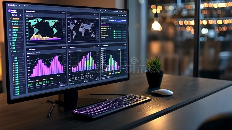 Data Analysis Setup with Charts and Graphs Illuminated by Ambient ...
