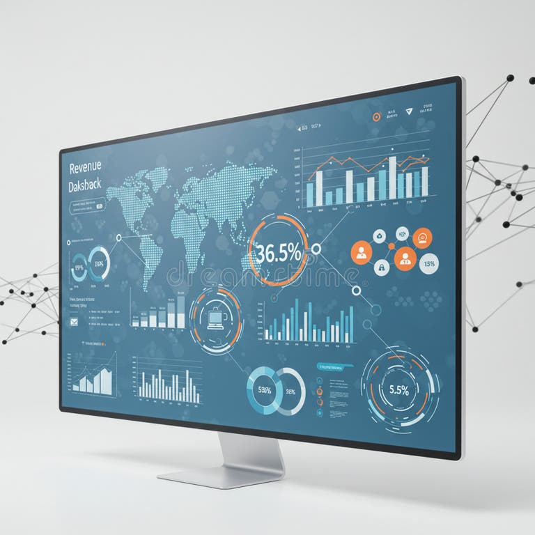 A Computer Monitor Displays Various Data Visualizations and Infographics. the Scree Stock ...