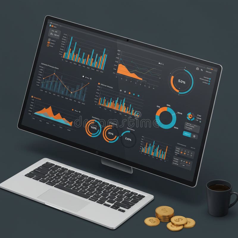 A Computer Monitor Displays Vibrant, Detailed Data Visualizations Stock ...