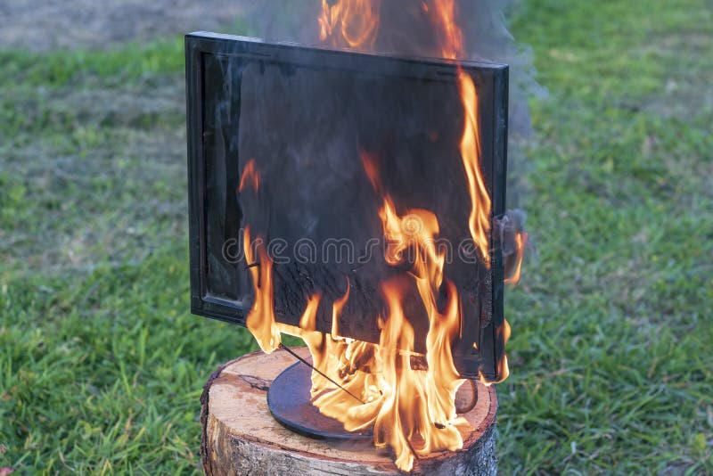Computer, Monitor on Fire. There is a Keyboard Stock Photo - Image of ...