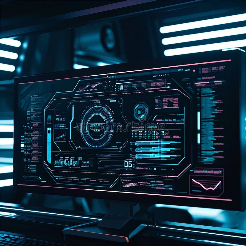 Computer Monitor with Graphs, Map, Dashboards. Technological Background ...