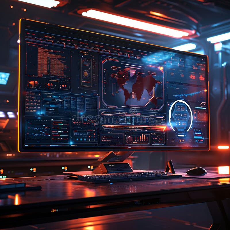 Computer Monitor with Graphs, Map, Dashboards. Technological Background ...