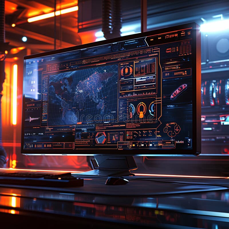 Computer Monitor with Graphs, Map, Dashboards. Technological Background ... Computer Monitor with Graphs, Map, Dashboards. Technological Background ...