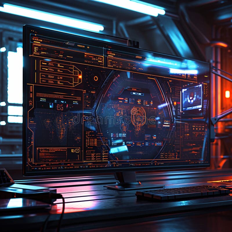 Computer Monitor with Graphs, Map, Dashboards. Technological Background ...