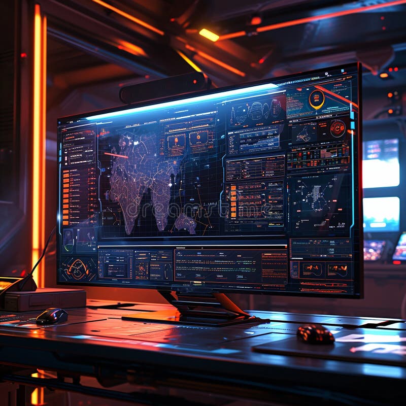 Computer Monitor with Graphs, Map, Dashboards. Technological Background ... Computer Monitor with Graphs, Map, Dashboards. Technological Background ...