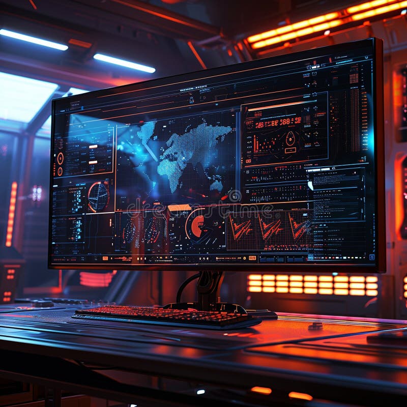 Computer Monitor with Graphs, Map, Dashboards. Technological Background ...