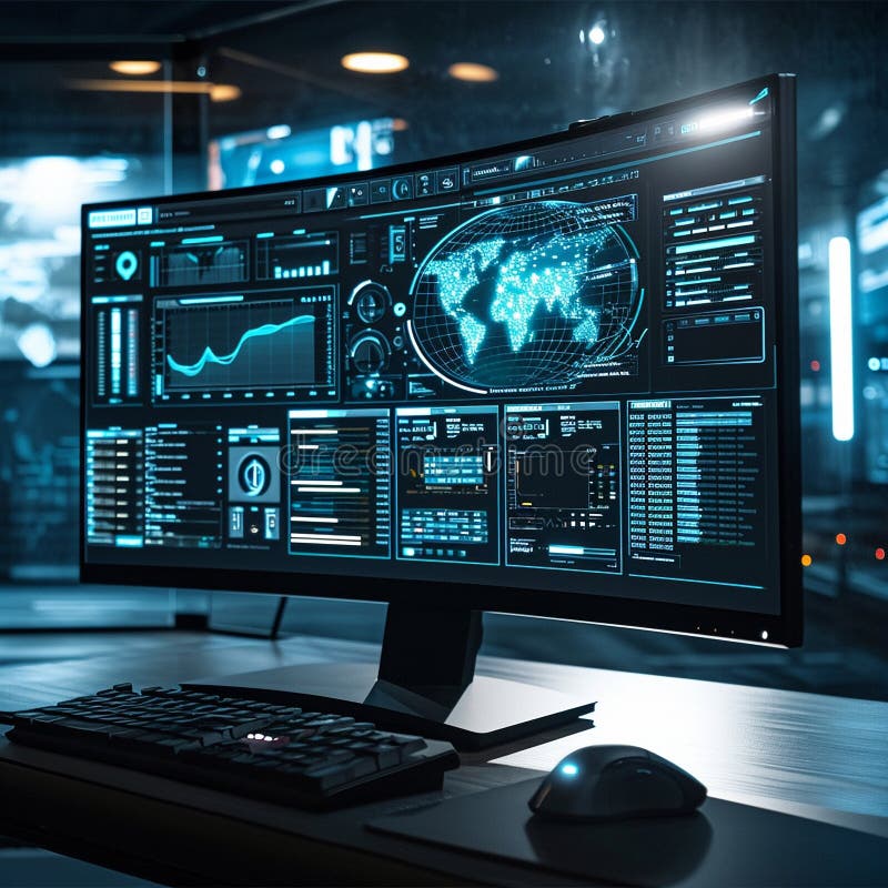 Computer Monitor with Graphs, Map, Dashboards. Technological Background ...